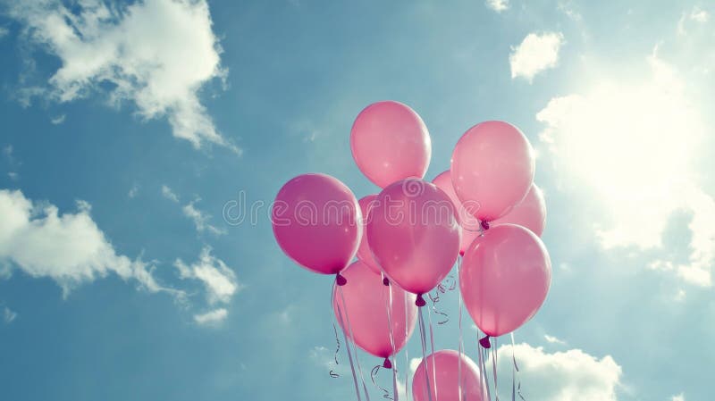 Pink Balloons Floating Against a Blue Sky with White Clouds Stock ...