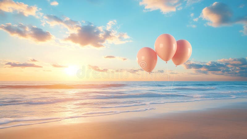 Pink Balloons Floating Over Ocean Beach at Sunset Stock Illustration ...