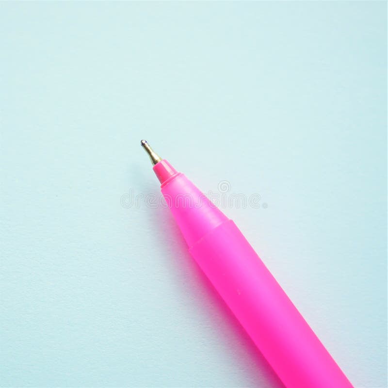 Pink Ballpoint Pen on Pale Blue Paper Stock Photo - Image of notebook ...
