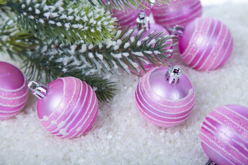 Pink Balls and Fur-tree Branch on the Snow. Stock Photo - Image of ...
