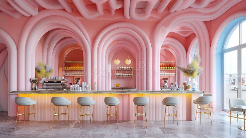 Pink Bar with Multiple Chairs and Counter in Modern Setting. Cafe ...