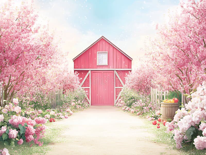 A Pink Barn Surrounded by Blooming Trees and Flowers Under a Bright Sky ...