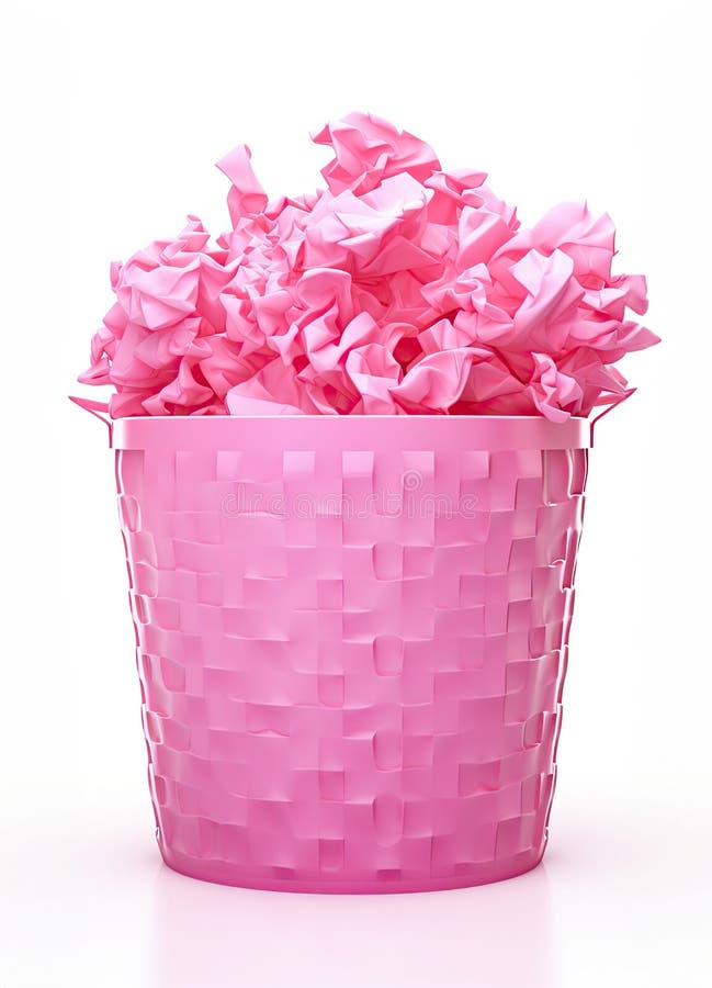 Pink Basket Full of Crumpled Pink Paper, Isolated on White Stock ...