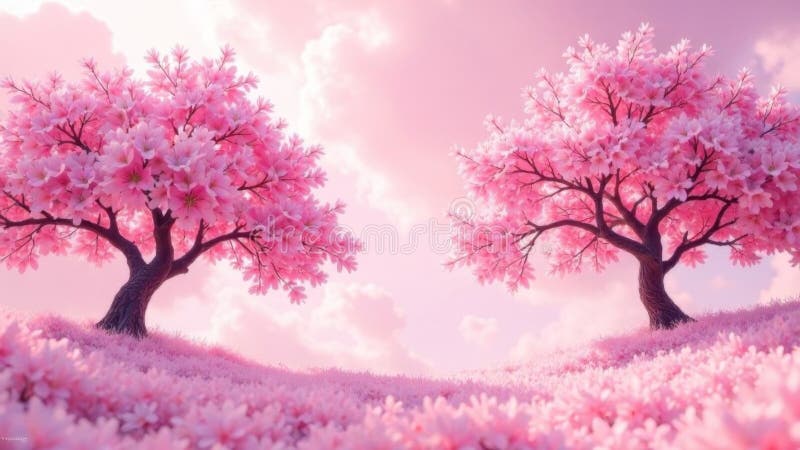 Pink Beautiful Cherry Blossom Trees Dynamic Sky Fantasy Stock Photos ...