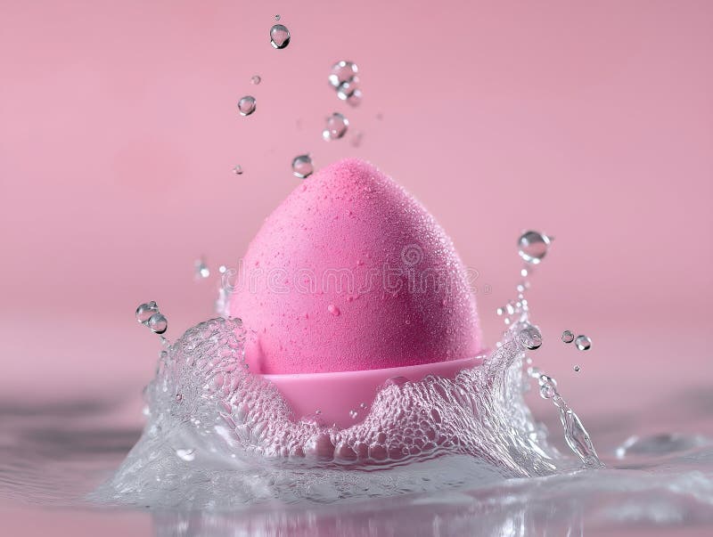 Pink Beauty Blender Creating a Dynamic Splash in Water Against a Pale ...