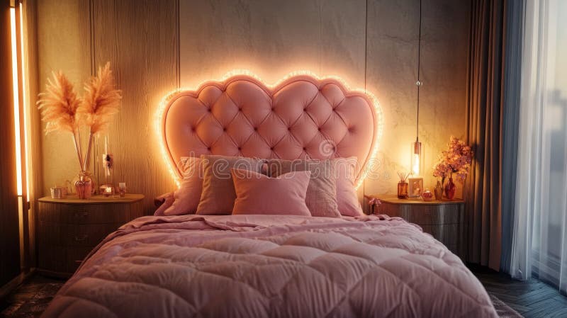 Pink Bed with Heart-Shaped Headboard and String Lights Stock ...