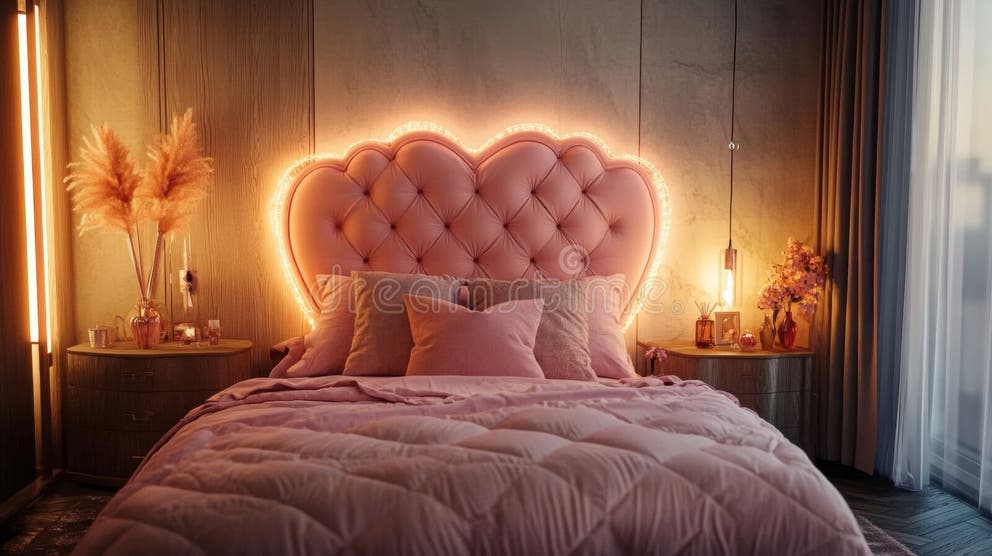 Pink Bed with Heart-Shaped Headboard and String Lights Stock ...