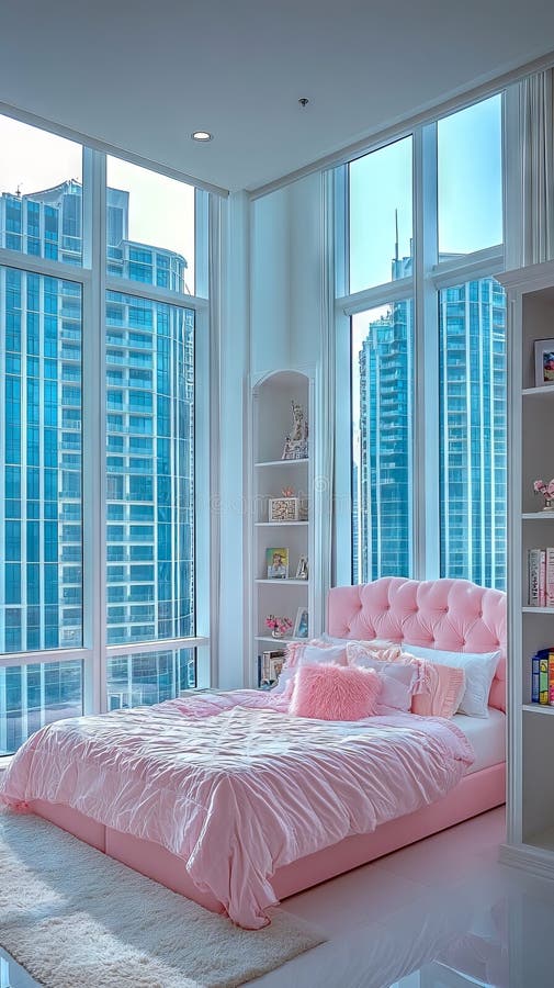A Pink Bed Sitting in a Bedroom Next To a Large Window Stock Image ...