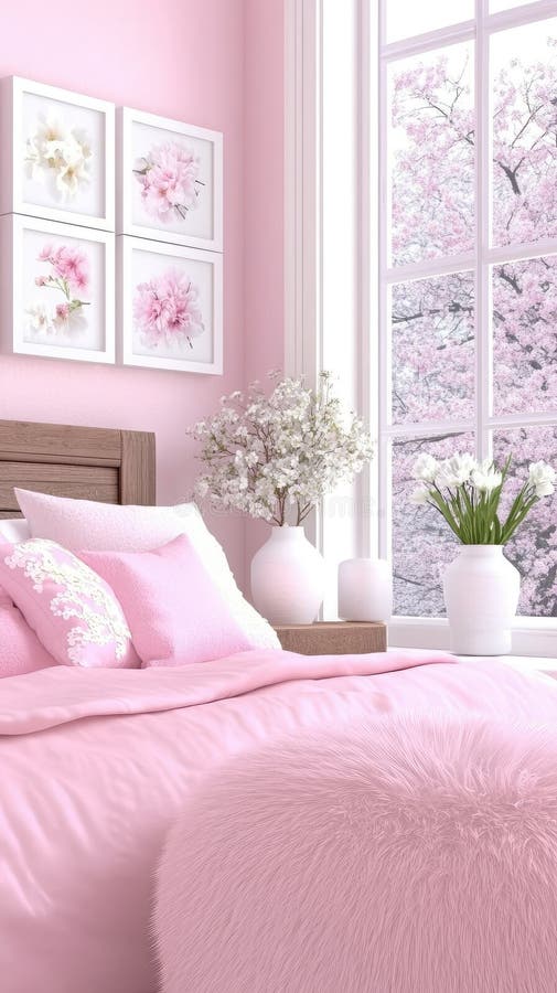 This Pink Bedroom Features Wooden Elements, Large Windows Overlooking ...