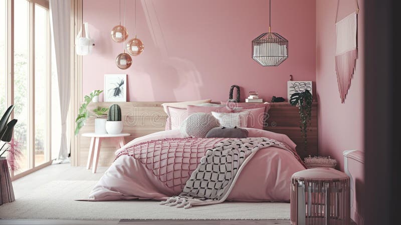 Pink Bedroom Interior. Scandinavian Design . Generative Ai Stock ...