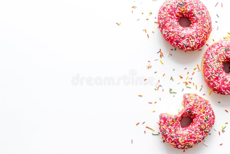 Pink Berry Donuts Flat Lay, Top View. Glazed and Sprinkles Doughnuts ...