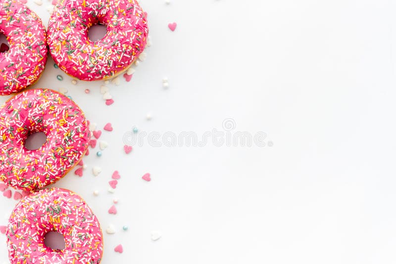 Pink Berry Donuts Flat Lay, Top View. Glazed and Sprinkles Doughnuts ...