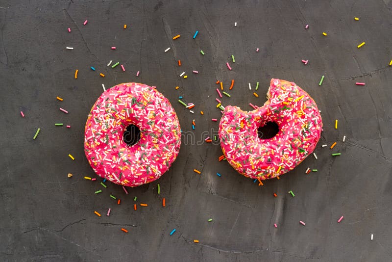 Pink Berry Donuts Flat Lay, Top View. Glazed and Sprinkles Doughnuts ...