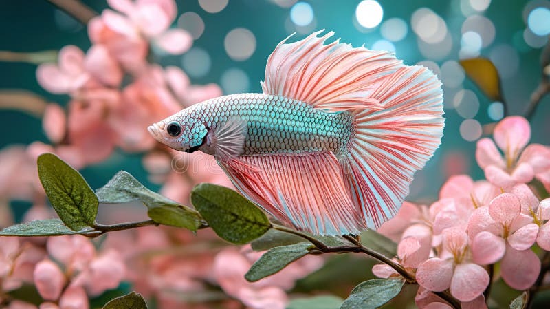 Pink Betta Fish in Blooming Flowers Stock Illustration - Illustration ...