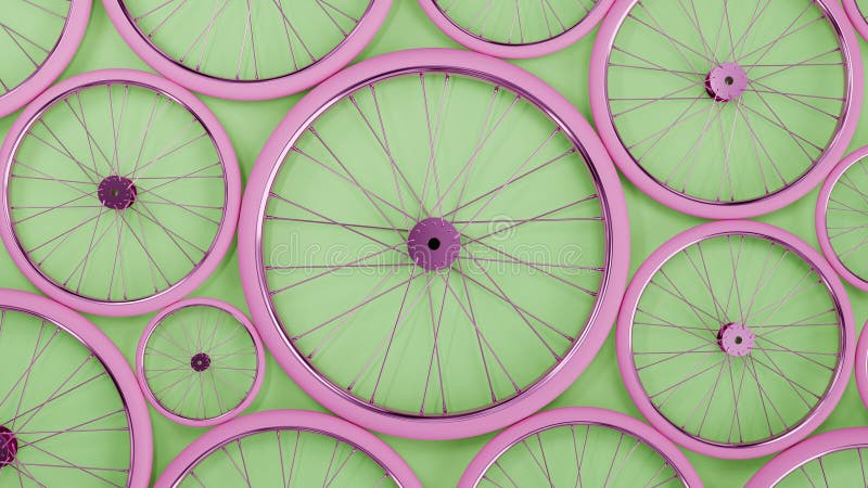 Pink Bicycle Wheels on Green Wall. Abstract Stylish Background. 3D ...