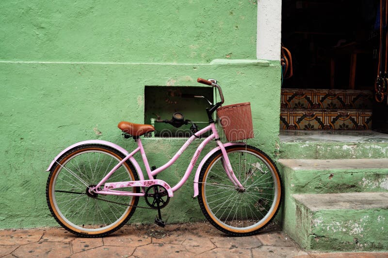 The Pink Bike is Standing by the Green Building S Steps Stock Image ...