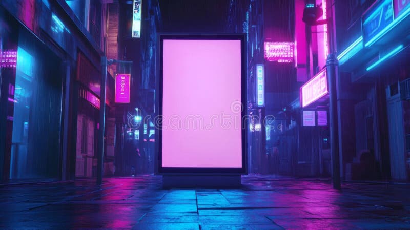 Pink Billboard in Neon Lit Rain-slicked Street Stock Illustration ...