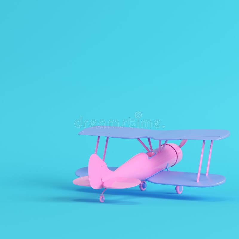 Pink Biplane on Bright Blue Background in Pastel Colors. Minimalism ...