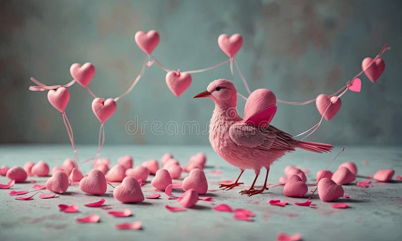 A Pink Bird is Standing in Front of a Bunch of Pink Hearts. the Hearts ...