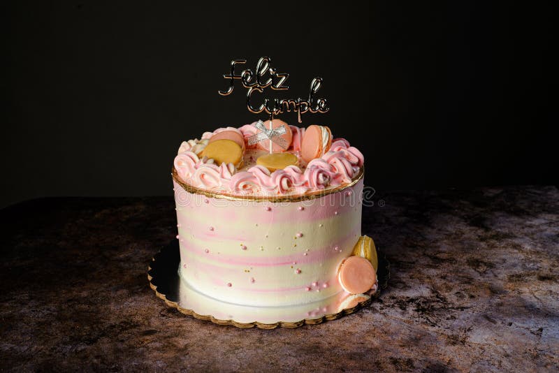 Pink Birthday Cake Decorated with Macaroons Stock Photo - Image of ...