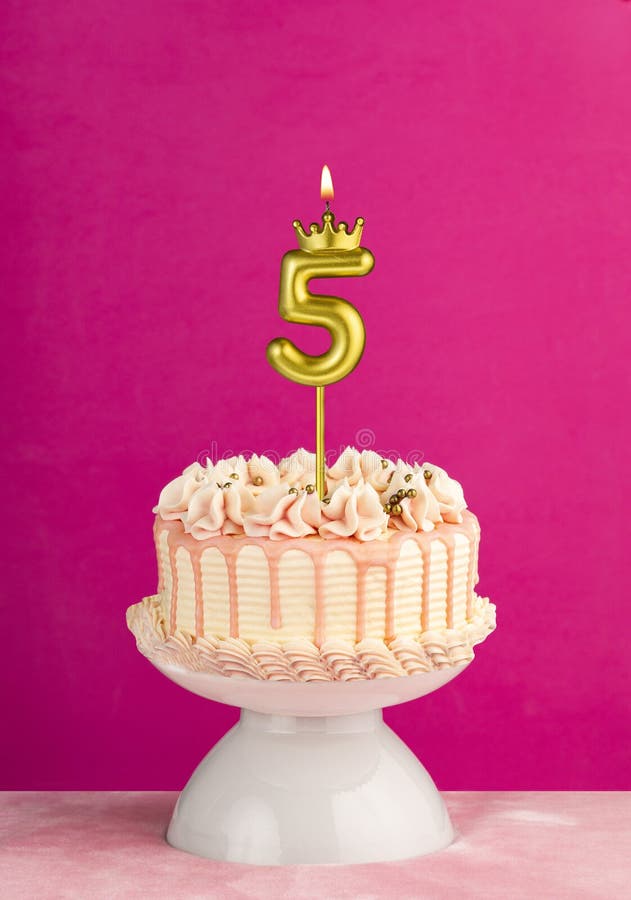 Pink Birthday Celebration Cake with Number 5 Candle Stock Image - Image ...