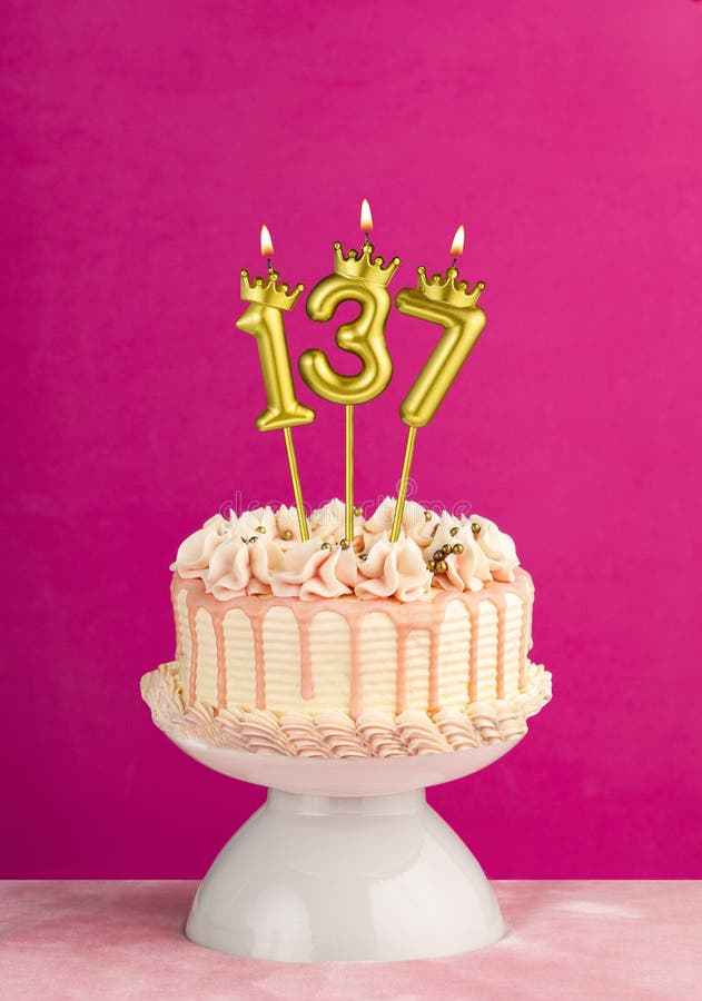 Pink Birthday Celebration Cake with Number 137 Candle Stock Image ...