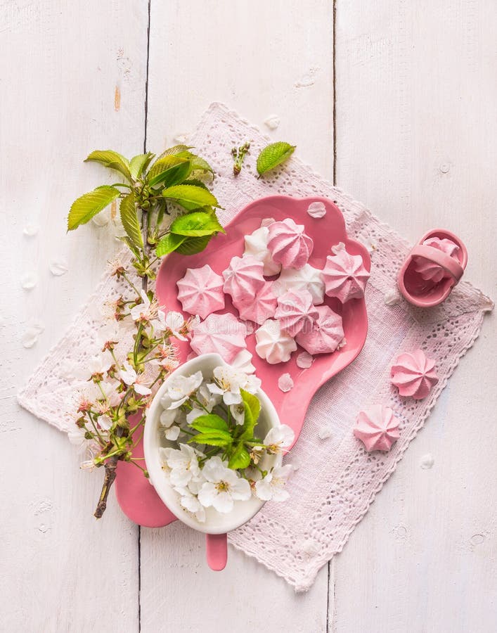Pink Biscuits with Tea Service and Cherry Blossom Stock Image - Image ...