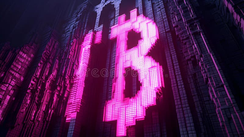 Pink Bitcoin Symbol on Pixelated Background Stock Illustration ...