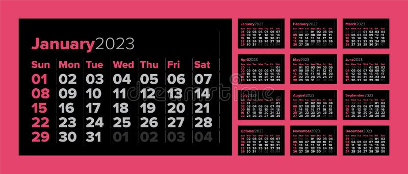 Pink and Black Big Dates Calendar 2023. Week Starts on Sunday. Stock ...