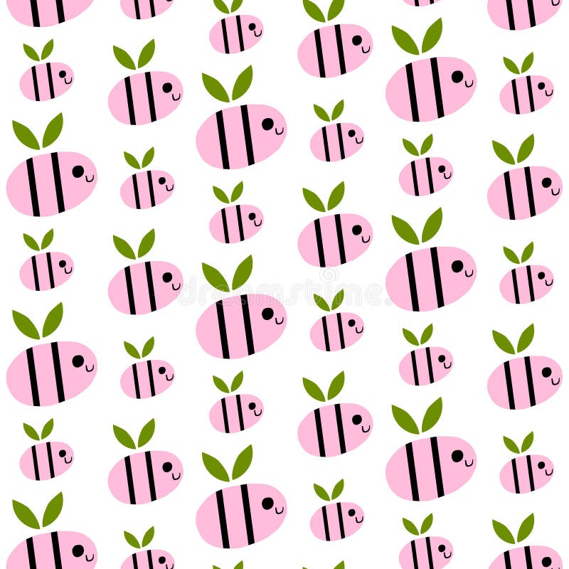 A Pink and Black Pattern with Pink Bees and Green Leaves. Stock Vector ...