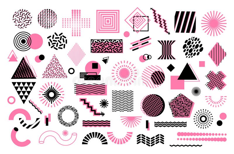 Pink and Black Shapes Set, Geometric Elements. Abstract Graphic Lines ...