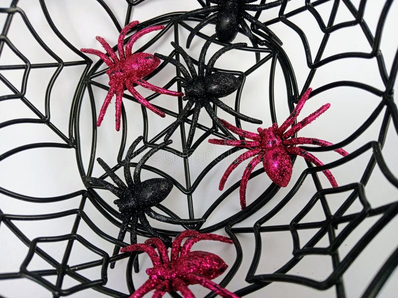 Pink and Black Spider Decorations on a Metal Spider Web Stock Image ...