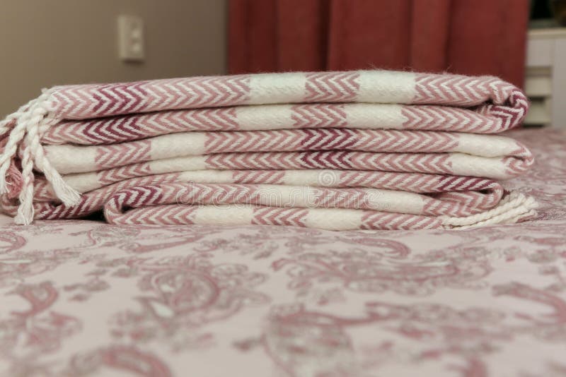 Pink and White Blanket on the Bed. Stock Image - Image of cute, hotel ...