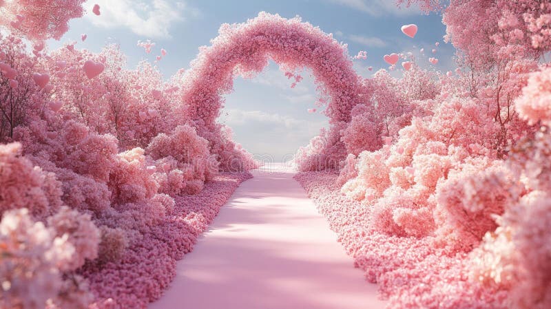 Pink Blossom Archway Path in Dreamy Garden Stock Illustration ...