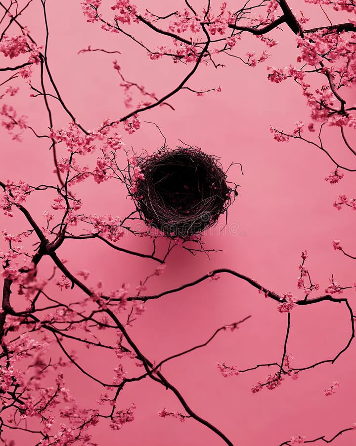 Pink Blossom Branches Empty Bird Nest Spring Nature Art Top Tree Calm ...