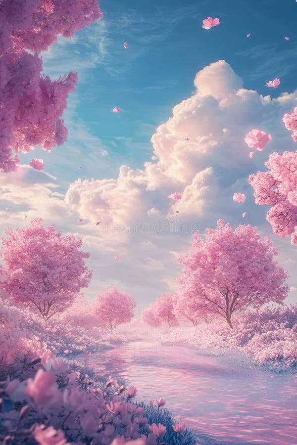 Pink Blossom Paradise Landscape Stock Illustration - Illustration of ...