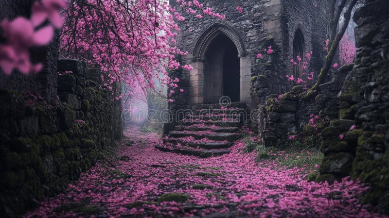 Pink Blossom Pathway To Ancient Stone Ruins Stock Illustration ...