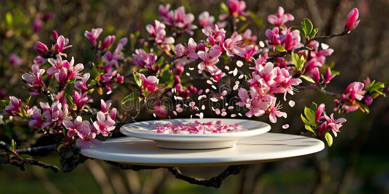 Pink Blossom Petals Falling Onto a Plate Springtime Nature Scene Stock ...