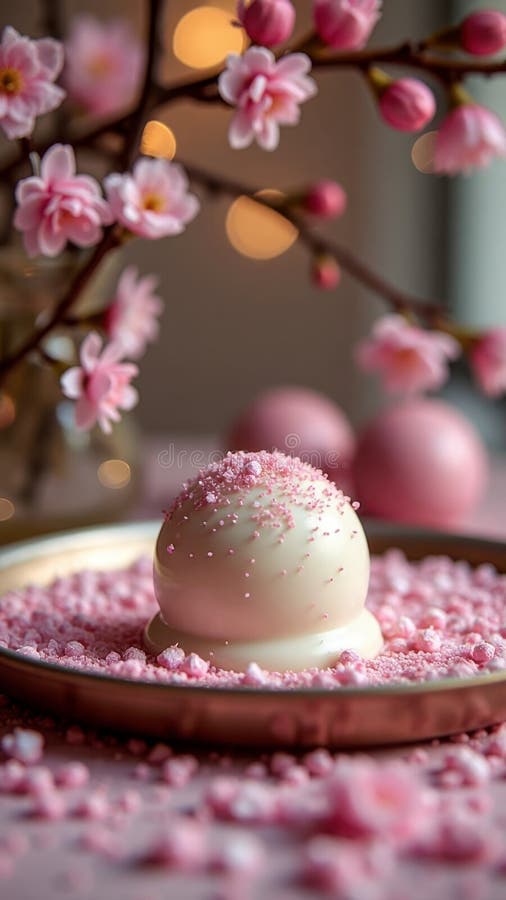 Pink Blossom-themed Dessert Art with White Chocolate Sphere and Sugar ...