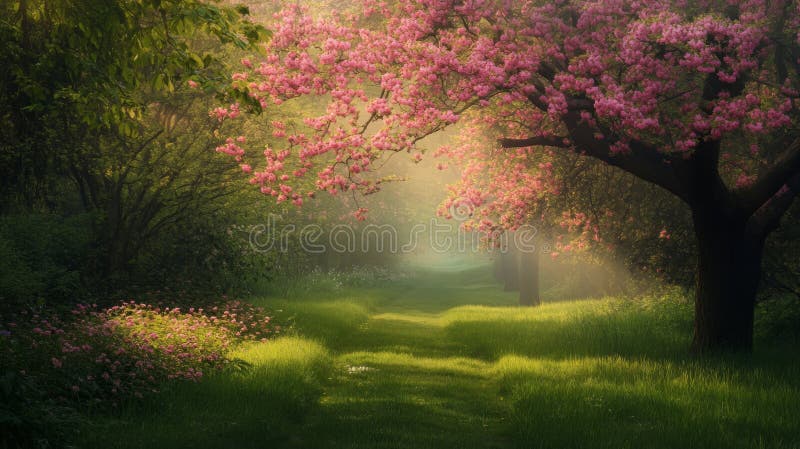 Pink Blossom Tree in Misty Sunlight Path Stock Illustration ...