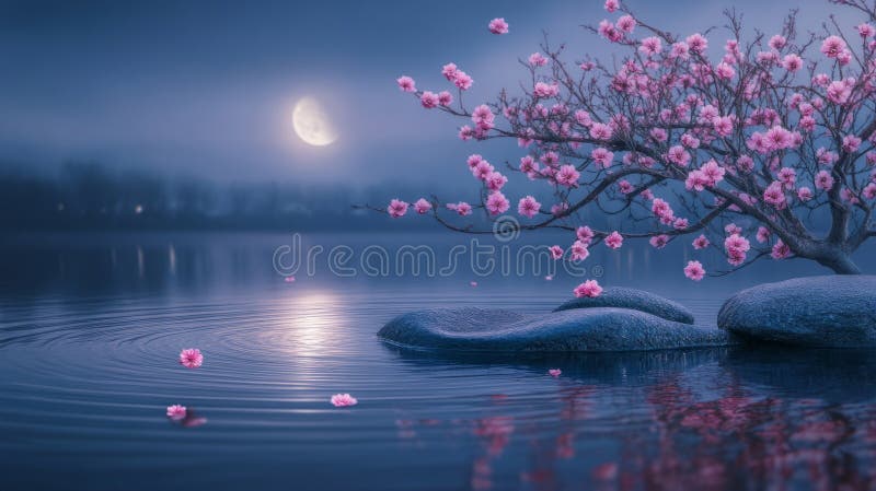 Pink Blossom Tree at Night by Tranquil Lake Under Crescent Moon Stock ...