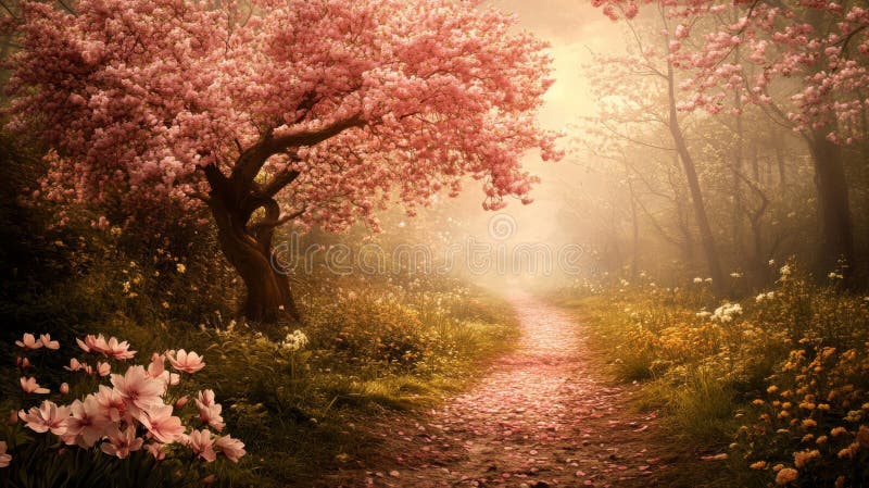 Pink Blossom Tree Path in Magical Forest Stock Illustration ...
