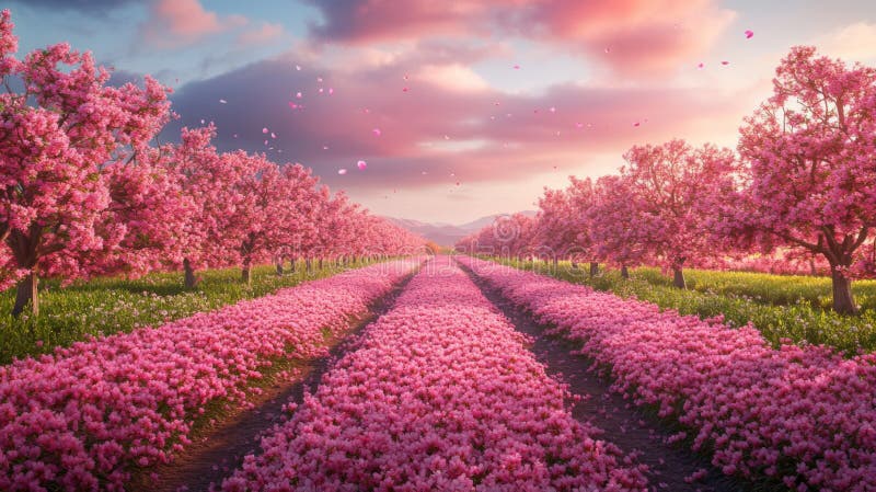 Pink Blossom Trees Line a Flower Filled Path Stock Illustration ...