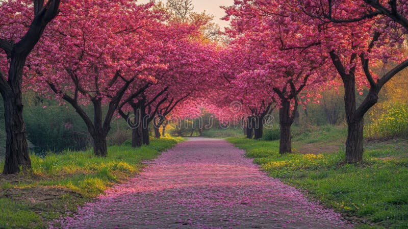 Pink Blossom Trees Line a Path in Spring Stock Illustration ...