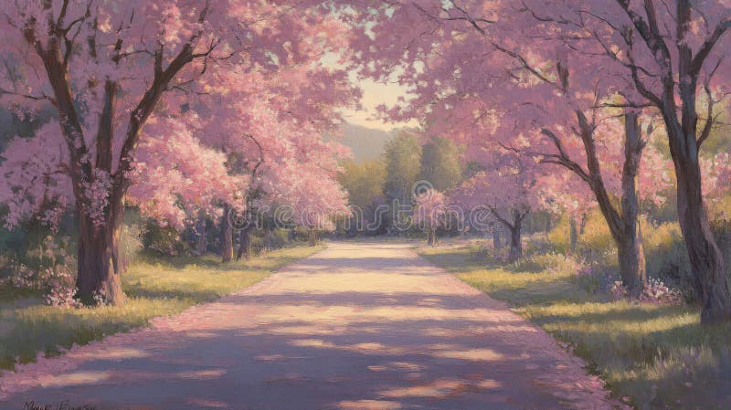 Pink Blossom Trees Line a Spring Road Stock Illustration - Illustration ...