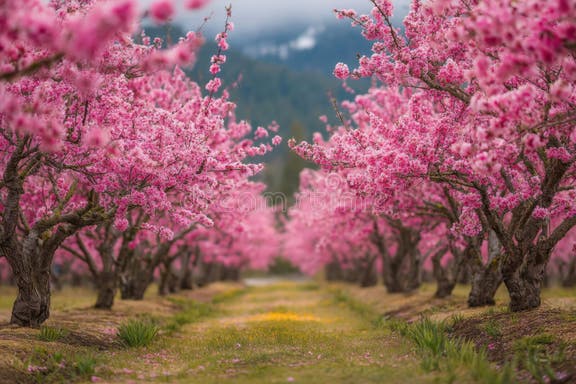 Pink Blossom Trees in Orchard Spring Scenery Stock Illustration ...