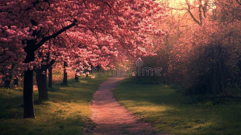 Pink Blossom Trees Path Sunlight Spring Garden Stock Illustration ...