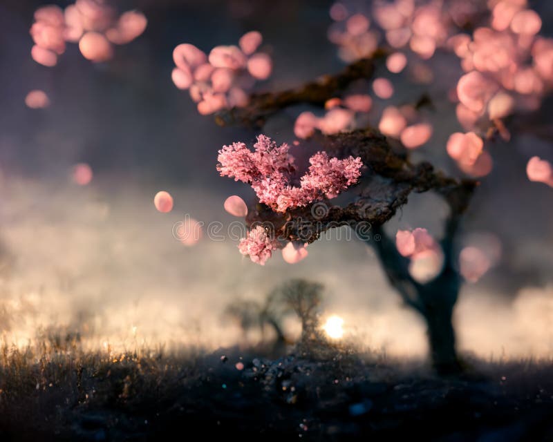 Pink Blossom Trees in the Sun Light Stock Illustration - Illustration ...