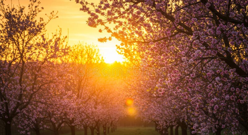 Pink Blossom Trees at Sunset in a Peaceful Orchard Stock Illustration ...