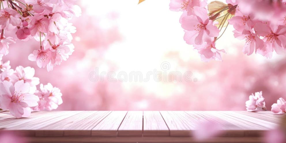 Pink Blossoms Cascade Around Rustic Table for Serene and Floral Theme ...